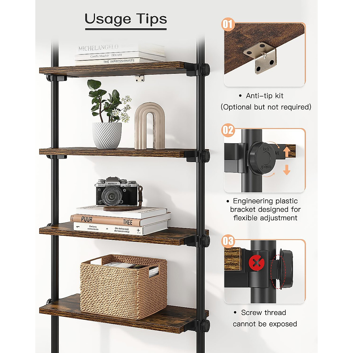 ALLZONE 5 Tiers Narrow Bookshelf, Tall Adjustable Ladder Book Shelf with Open Storage, Floor to Ceiling Tension Mount, Wooden Industrial Bookcase for Living Room, 92 to 116 Inch, Brown