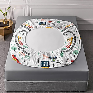 AILONEN Construction Fitted Sheet Set Full Size, Cartoon Cars Fitted Sheet,Equipment Truck Sheets Set for Boys Kids, 1 Fitted Sheet and 2 Pillowcases