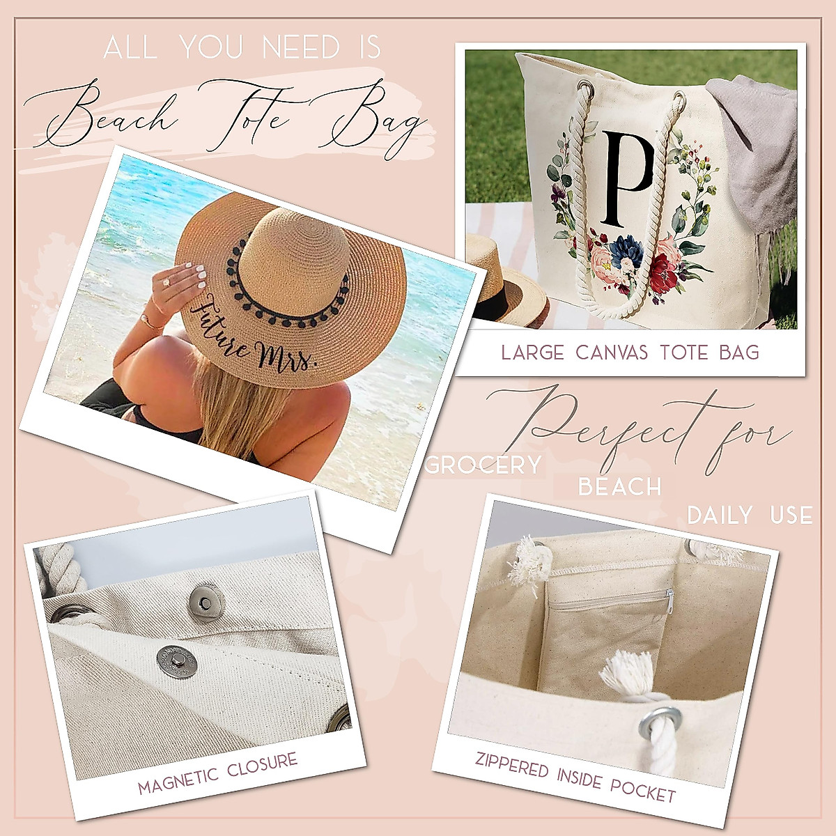 Personalized Floral Initial Cotton Canvas Beach Tote Bag, Customize Monogrammed Totes Gift for Bridesmaid (Initial V)