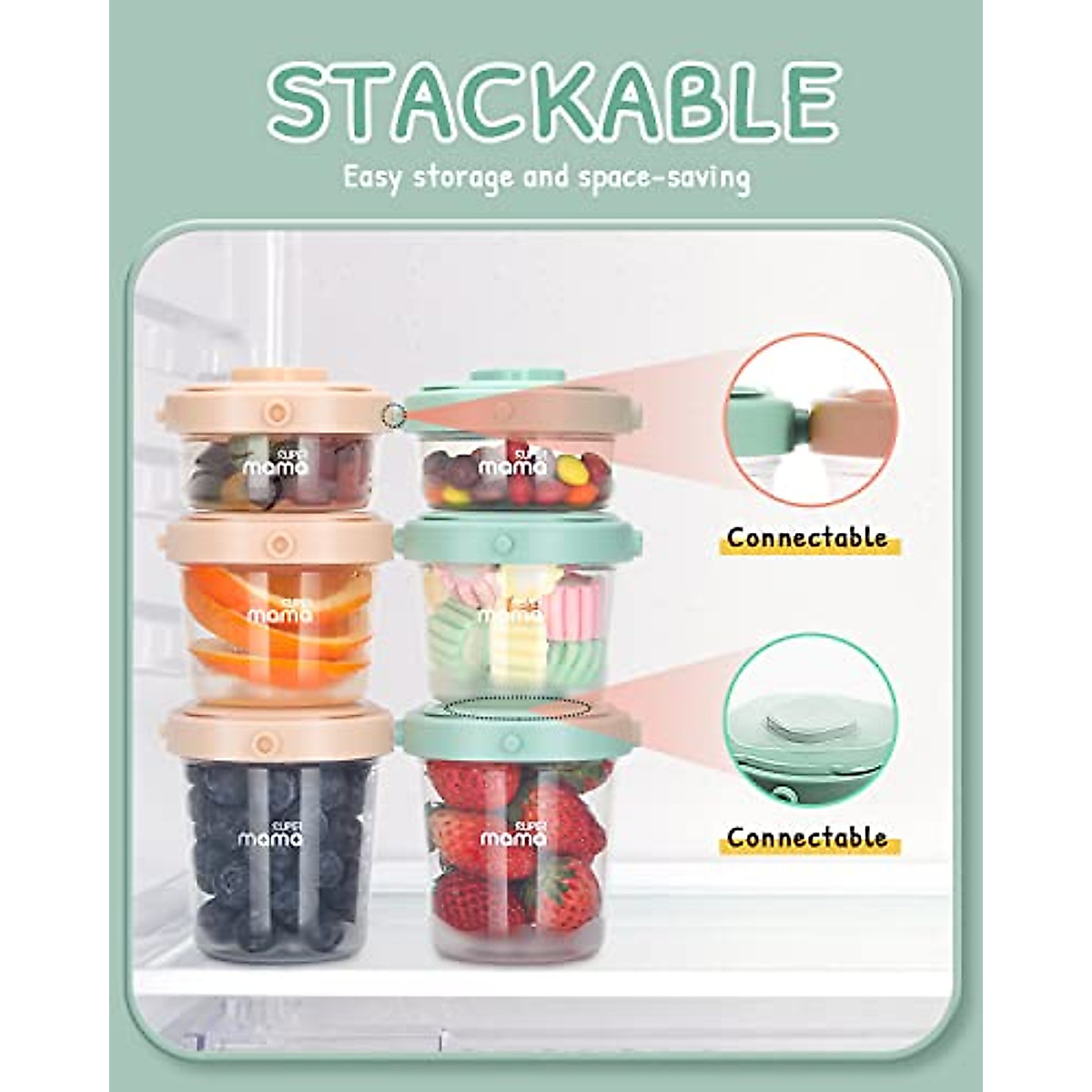SUPERMAMA Stackable Baby Food Containers 12 Set(2/4/7oz), Baby Food Storage Containers with Airtight Lids, Baby Food Jars Freezer Safe, Easy to Store & Keep Fresh, Microwave Safe, BPA Free, Green