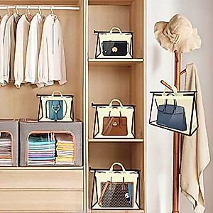 YSYJ Dust Bags for Handbags, 9 Pack Purse Storage Organizer for Closet, Clear Handbag Organizer Purse Dust Cover Closet Hanging Organizer Bag with Zipper & Handles (Cream)