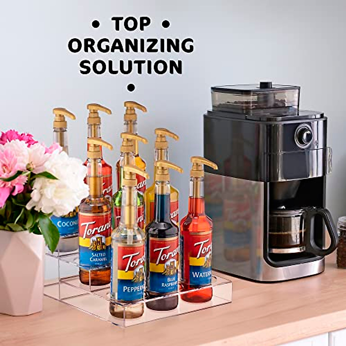 Acrylic Bottle Holder | Wine Display Riser | 9 Bottles, 3 Tier Rack | Bar Counter-Top Display Stand | Wine Rack Holder for Kitchen, Pantry, Fridge | Storage Organizer for Wine, Soda, Syrups and Beer