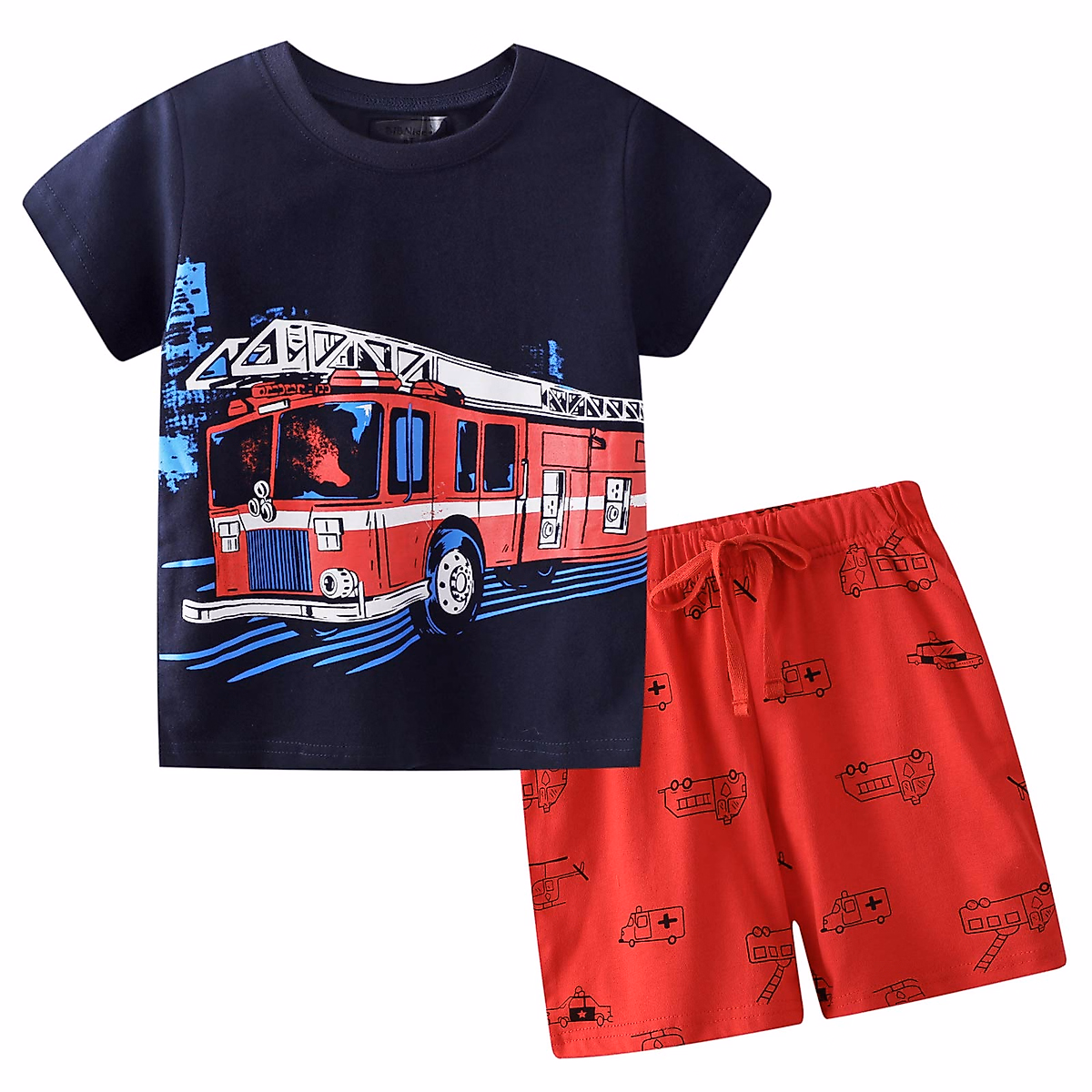 BIBNice Toddler Boys Clothes Kids Summer Short Sleeve Little Boys Clothing Sets Firetruck Size 3T