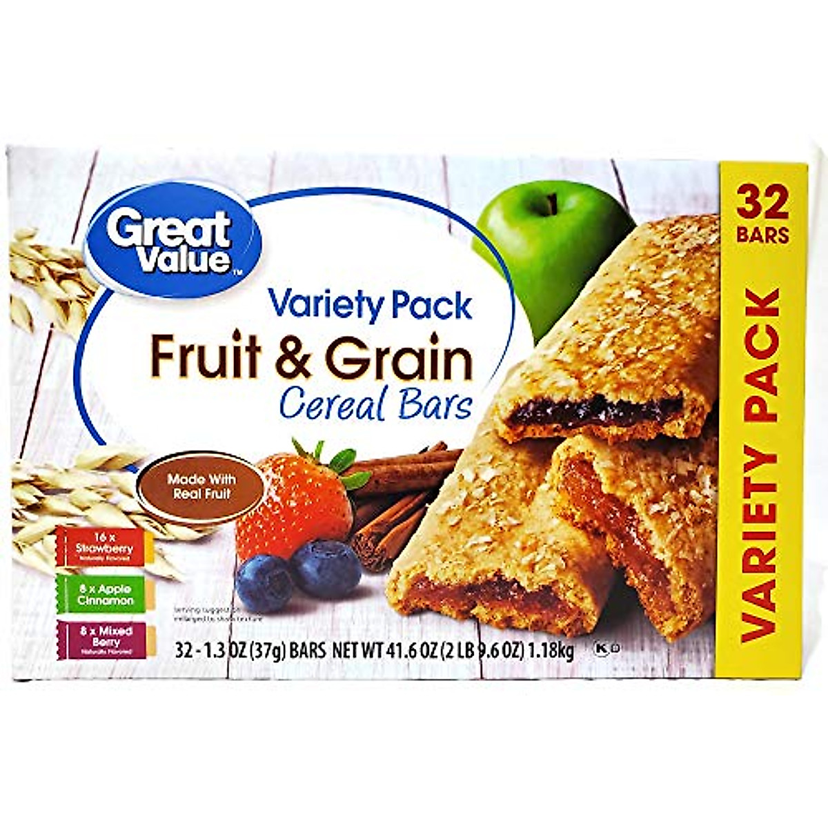 Great Value Fruit & Grain Bars, Variety Pack, 41.6 oz, 32 Count (Pack of 1)