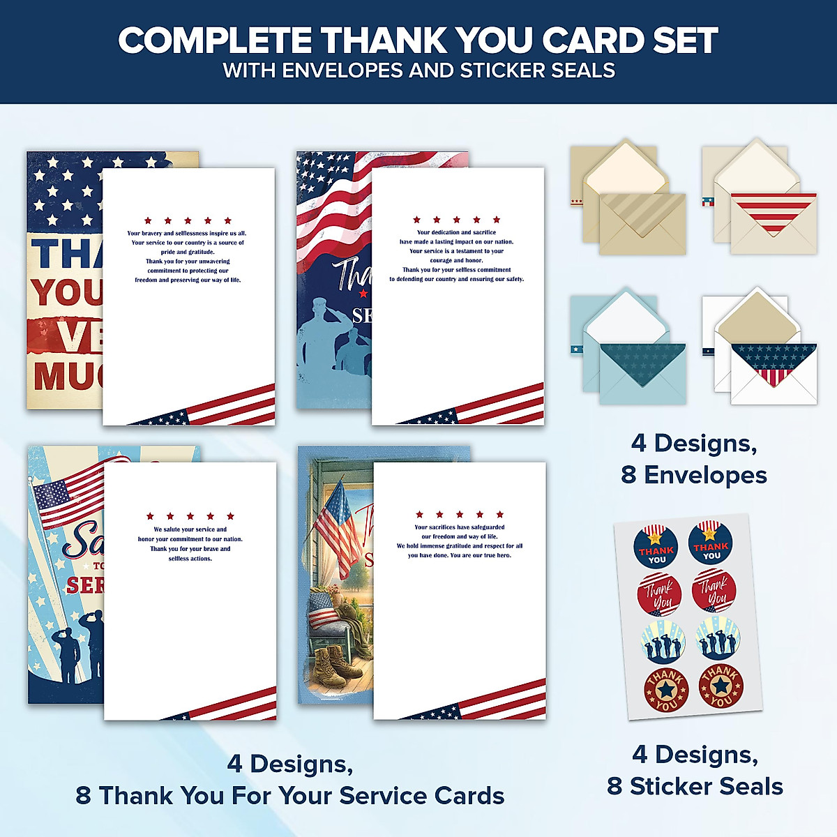 Decorably 8 Pack Thank You for Your Service Cards for Veterans with Envelopes & Stickers - 4 Designs Printed Message Inside Patriotic Cards with Envelopes, 5x7in Veterans Day Cards