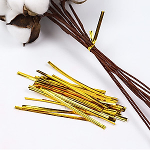 HOPEMT (200 pcs)100 pcs Gold Stripes Translucent Plastic Bags/Cellophane Bags with 100 pcs Gold Twist Ties for Cookie,Cake,Chocolate,Candy,Snack Wrapping Good for Bakery Party