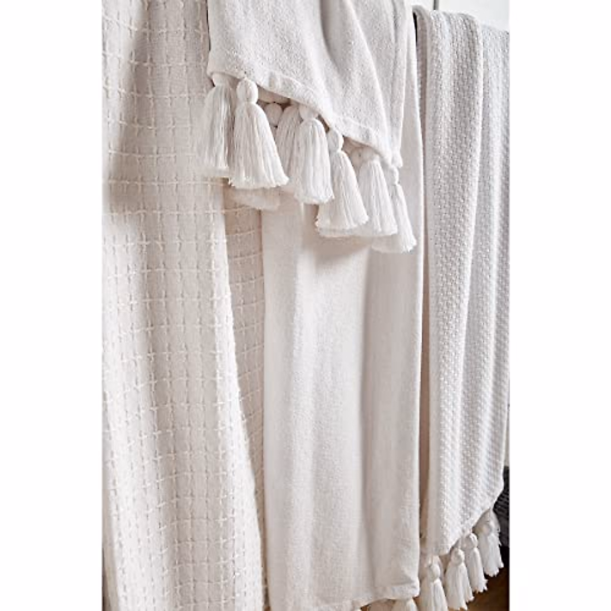 Mud Pie Woven Tassel White Throw Blanket, 50" x 61"