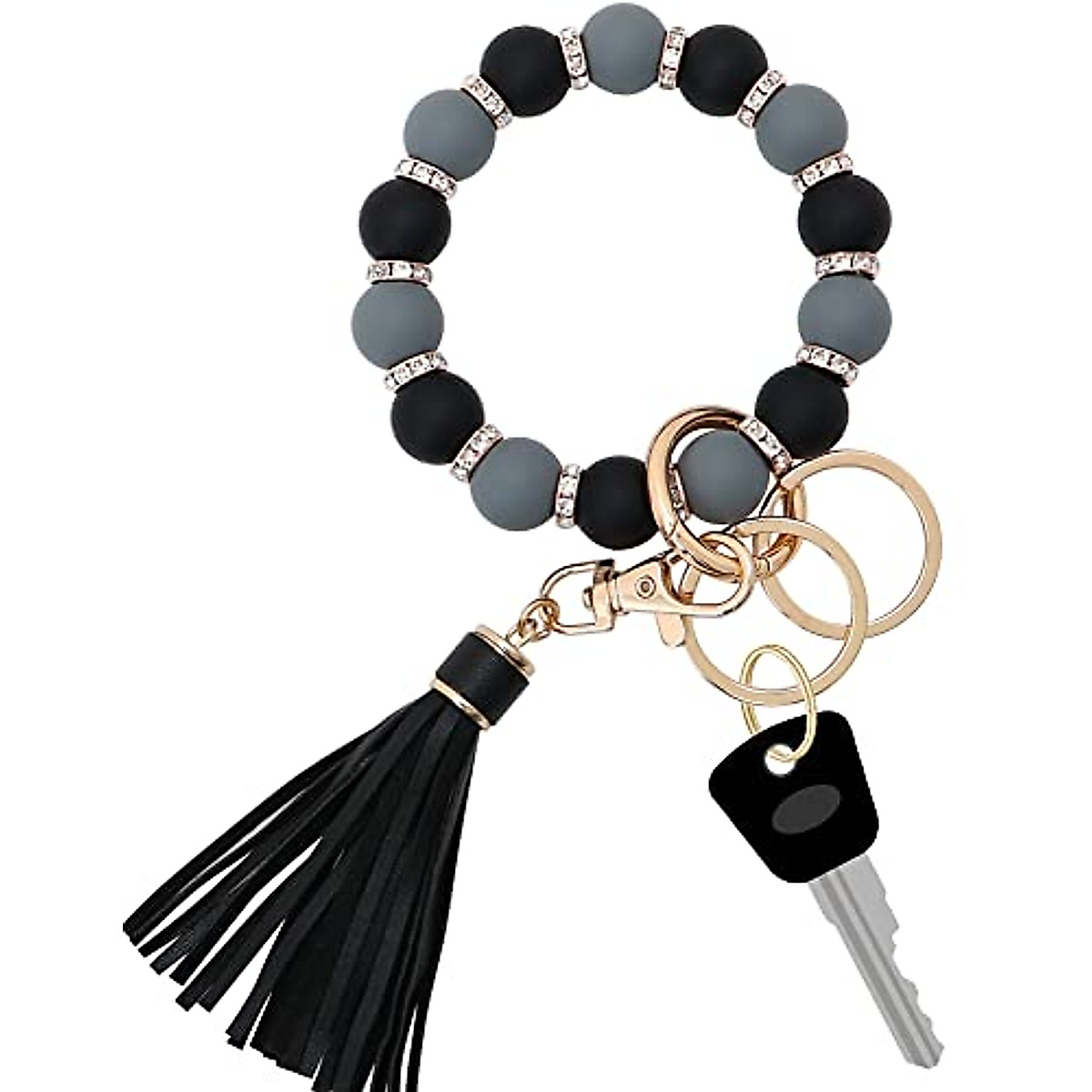 Silicone Key Ring Bracelet for Women, Elastic Beaded Wristlet Keychain Key Holder for Mother’s Day Gift(Grey/Black)