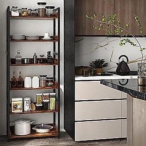 Tangkula 6-Tier Bookshelf, 70” Tall Industrial Bookcase w/Open Shelves & 4 Hooks, Storage Rack w/Metal Frame, Vintage Standing Display Rack for Study Living Room Kitchen (Rustic Brown, 6-Tier)