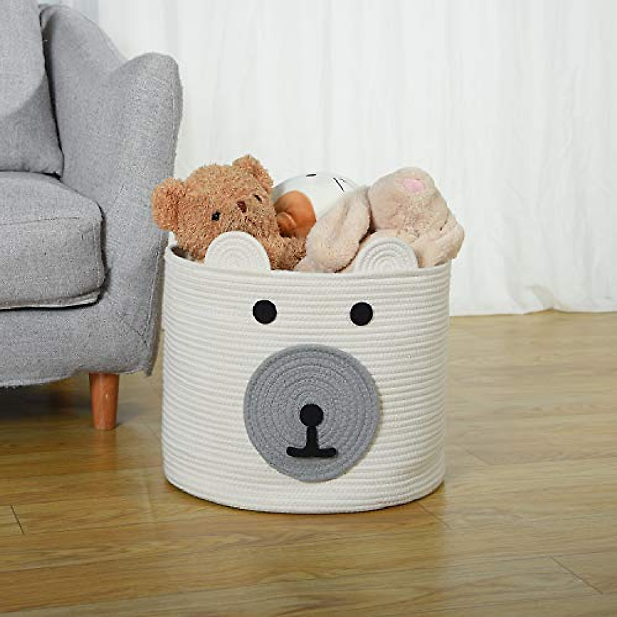 InfiBay Cotton Rope Storage Basket with Cute Bear Design, Woven Laundry Basket with Handles, Baby Nursery Organizer for Toys, Blanket, Clothes, Towels, 12”(D) x 11”(H)