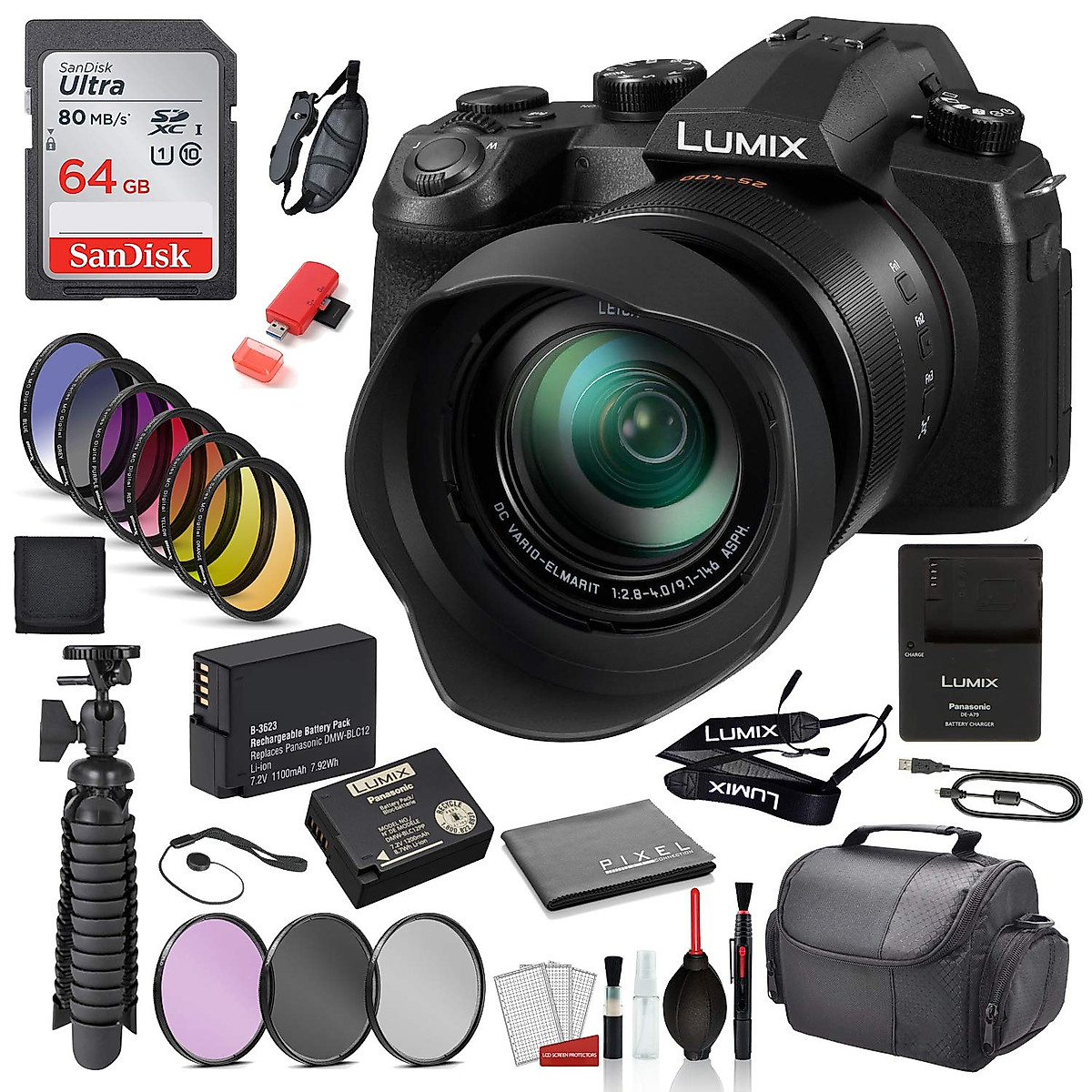 Panasonic Lumix DC-FZ1000 II Digital Camera (DC-FZ1000M2) with Accessory Bundle SanDisk 64gb SD Card + 9PC Filter Kit + 12" Tripod + More