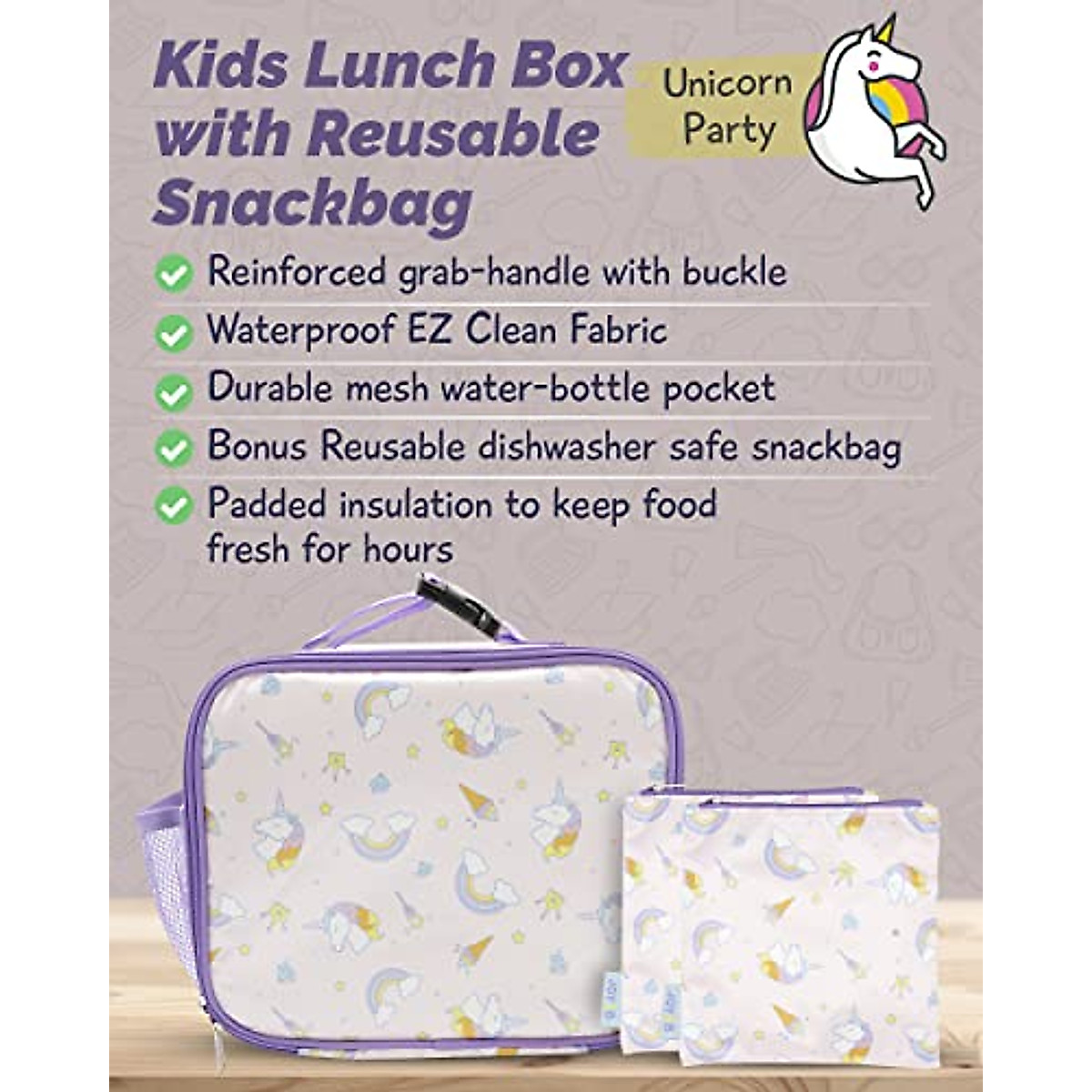 JOY2B Lunch Box Kids with Reusable Snackbag - Kids Lunch Box for Girls and Boys Lunch Bag Kids with Water Bottle Holder - Unicorn Party
