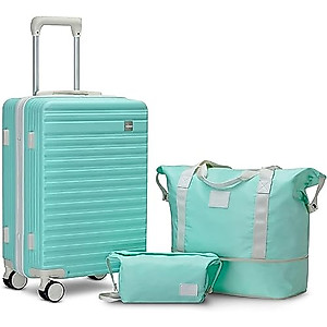 imiomo Carry On Luggage 20 Inch airline approved Hardside 3PCS Set Lightweight Rolling Travel Luggagewith TSA Lock， Suitcase with Spinner Wheels (GREEN+beige, Carry-On 20-Inch)
