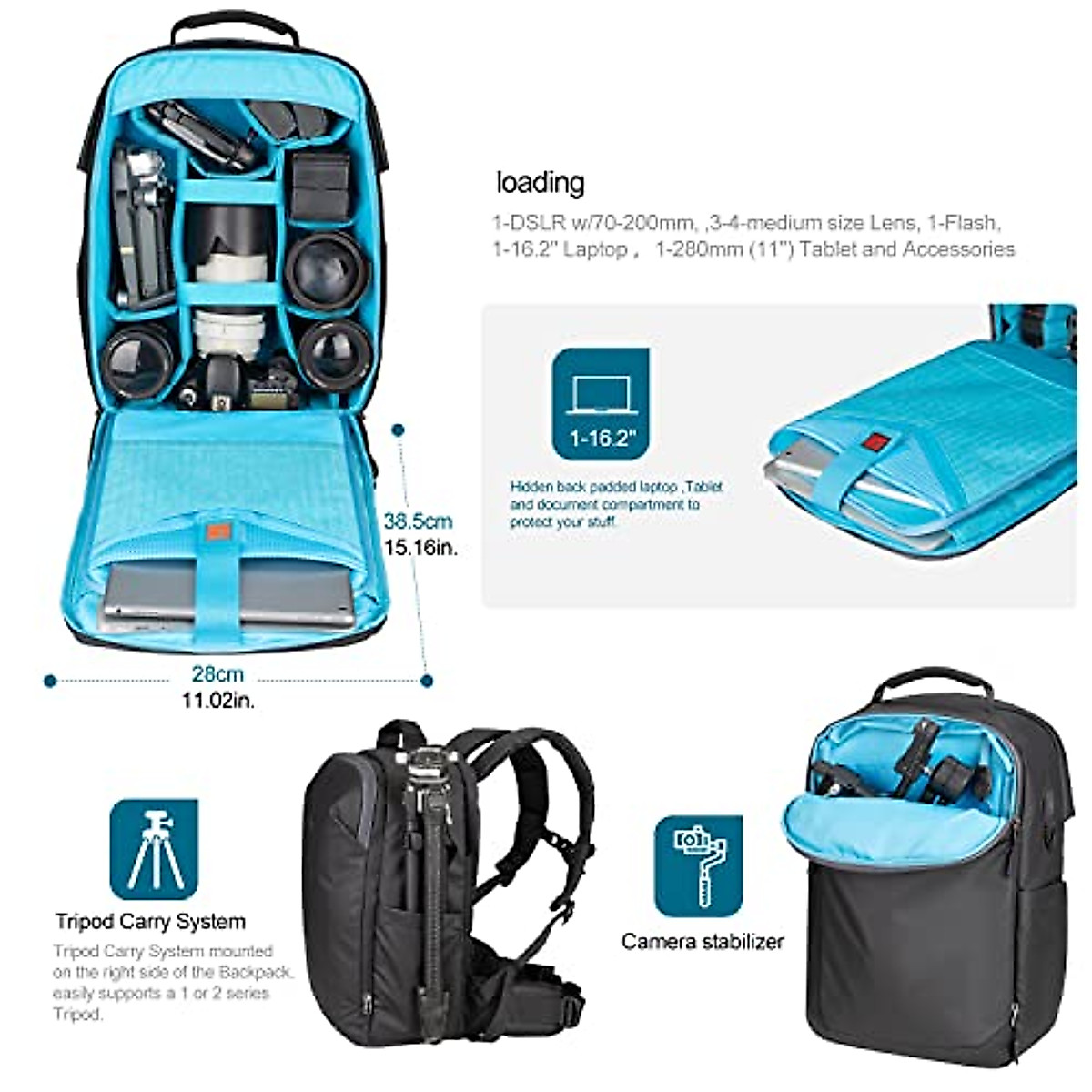 Dulepro Camera Backpack, Photography DSLR Backpack Case Waterproof Camera Bag Backpack with 15-16 inch Laptop & 11" Tablet Compartment Rain Cover for DSLR/SLR/Mirrorless/Drone