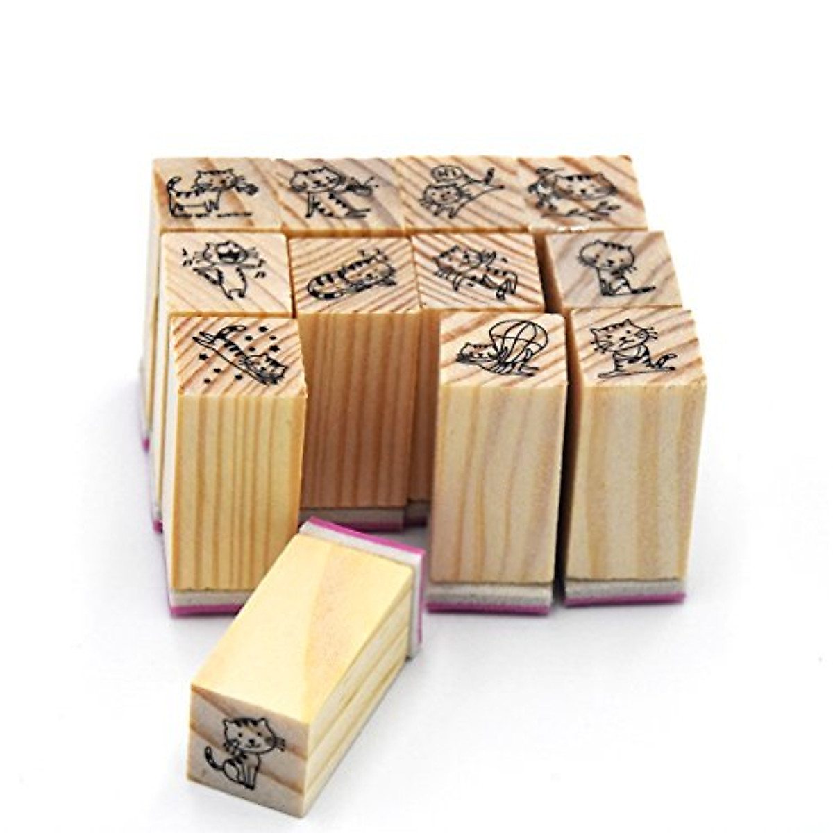 Youkwer 12 Pcs Mini Cute Wooden Rubber Stamps Set For Letters,Diary Craft,Scrapbooking in Matchbox（Vintage Lovely Cat）