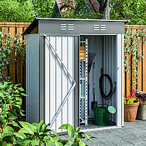 Jintop 5X3 FT Outdoor Storage Shed with Pent Roof and 2 Punched Vents,Galvanized Metal Garden Sheds w/Lockable Doors,Hinged Door & Padlock,for Patio Lawn Backyard Trash Cans Tool,White+Grey