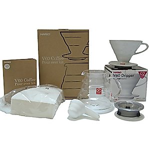 Hario V60 Coffee Pour Over Kit Bundle Set - Comes with Ceramic Dripper, Range Server Glass Pot, Measuring Spoon, and 100 Count Package of Hario 02W Coffee Filters