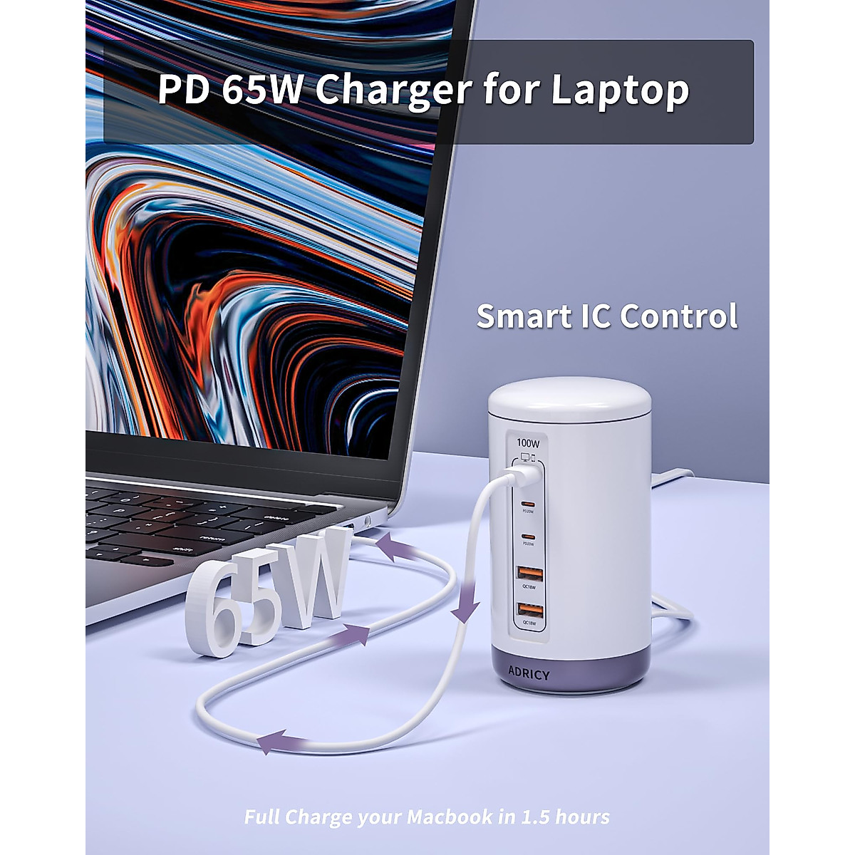 100W USB Tower Charging Station,5 Port USB C Charger Block for Multiple Devices iPhone 15/15 Plus/15 Pro/15 Pro Max/MacBook Air Pro/Samsung/Tablet (Purple)