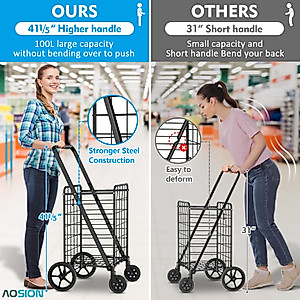 AOSION Folding Shopping Carts for Groceries,220lb,Grocery Cart with 360° Rolling Swivel Wheels, Collapsible Rolling cart,Portable Utility Cart with Shopping Liner for Laundry Luggage Office