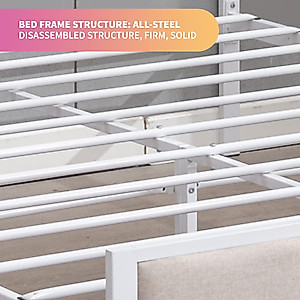 Mixoy Cal King Metal Bed Frame, Linen Platform Bed Frame with Upholstered Headboard, Heavy Duty Metal Mattress Foundation, Strong Metal Slat Support, No Box Spring Needed (Cal King/Beige)