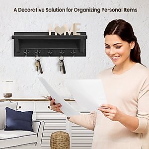 Lwenki Wall Key Holder with Shelf, Rustic Shelf with Hooks Made of Paulownia Wood Holds Keys, Dog Leash, Bags and More - 13.7" W x 4.7" H x 3.5" D Decorative Key Hanger and Entryway Shelf (Black)
