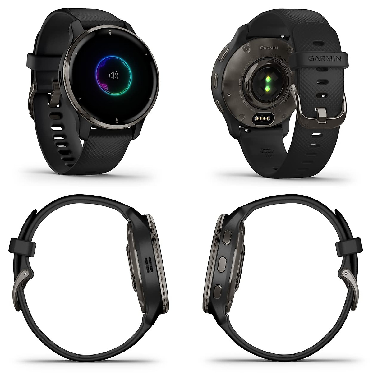 Wearable4U Garmin Venu 2 Plus GPS Multisport Smartwatch, 33 mm with AMOLED Display, Call and Text, Music, Adv HM+FF, Slate Bezel with Black Case Black Earbuds Bundle