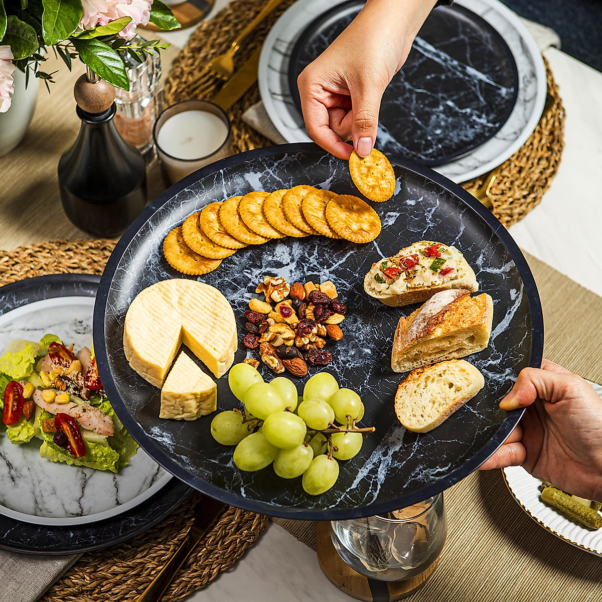 BZYOO 13 inch Melamine Plastic Marble Round Platter Food Serving Tray Durable Dishwasher Safe Indoor and Outdoor Dining Party Cocktails (Set of 2, Black & White)