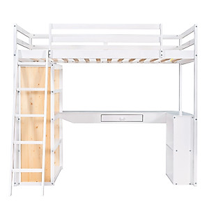 Bellemave Twin Loft Bed with Desk and 6 Storage Shelves, Wood Loft Beds Frame with Bookcase and Writing Board, Modern High Loft Bed for Kids Boys Girls Teens, Twin Size, White