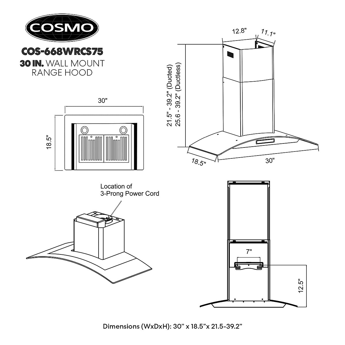 COSMO COS-668WRCS75 30 in. Vista Collection 380 CFM Ducted Wall Mount Range Hood, Touch Controls, LED Lights, Stainless Steel