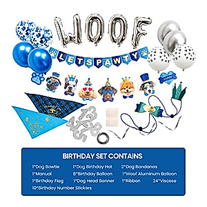 Dog Birthday Party Decorations, Dog Birthday Hat/Bandana/Bowtie/Balloon/Flag/Banner for Small Medium Large Dogs Pets, Doggie Boys/Girls Birthday Party Supplies Decorations