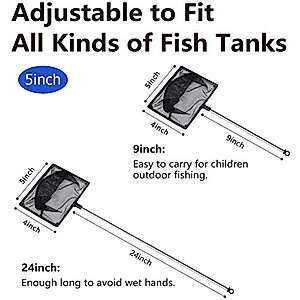 Grepol-V Fish Net for Fish Tank, 5 Inch Fine Mesh Aqurium Net with 9-24 Inch Stainless Steel Long Handle, Extendable Fishing Tank Net for Fish Shrimp Tank, Pond, Creek