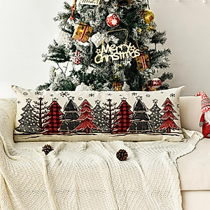 AVOIN colorlife Watercolor Red and Black Buffalo Plaid Christmas Trees Long Lumbar Pillow Cover 14 x 36 Inch, Winter Holiday Long Body Pillow Case for Bed Sofa Bench