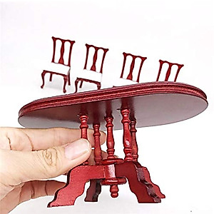 EatingBiting 1:12 Dollhouse Miniature Furniture Red Wooden Dining Table Chairs 5pcs Set 1 Table and 4 Chair Wooden Creative Handcraft Gift for Boys Girls Perfect for Interior Model.