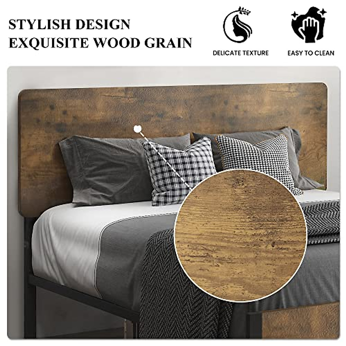 SHA CERLIN Queen Size Metal Platform Bed Frame with Wooden Headboard and Footboard/Mattress Foundation/No Box Spring Needed/Non-Slip Without Noise/Black&Brown