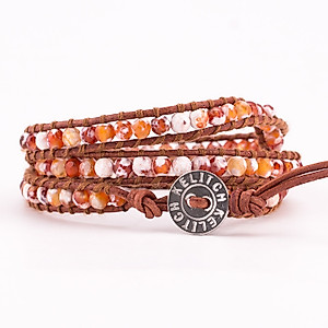 KELITCH Fire Agate Beads Bracelet Genuine Leather 3 Wrap Bracelet Handmade New Charm Bracelets Summer Jewelry