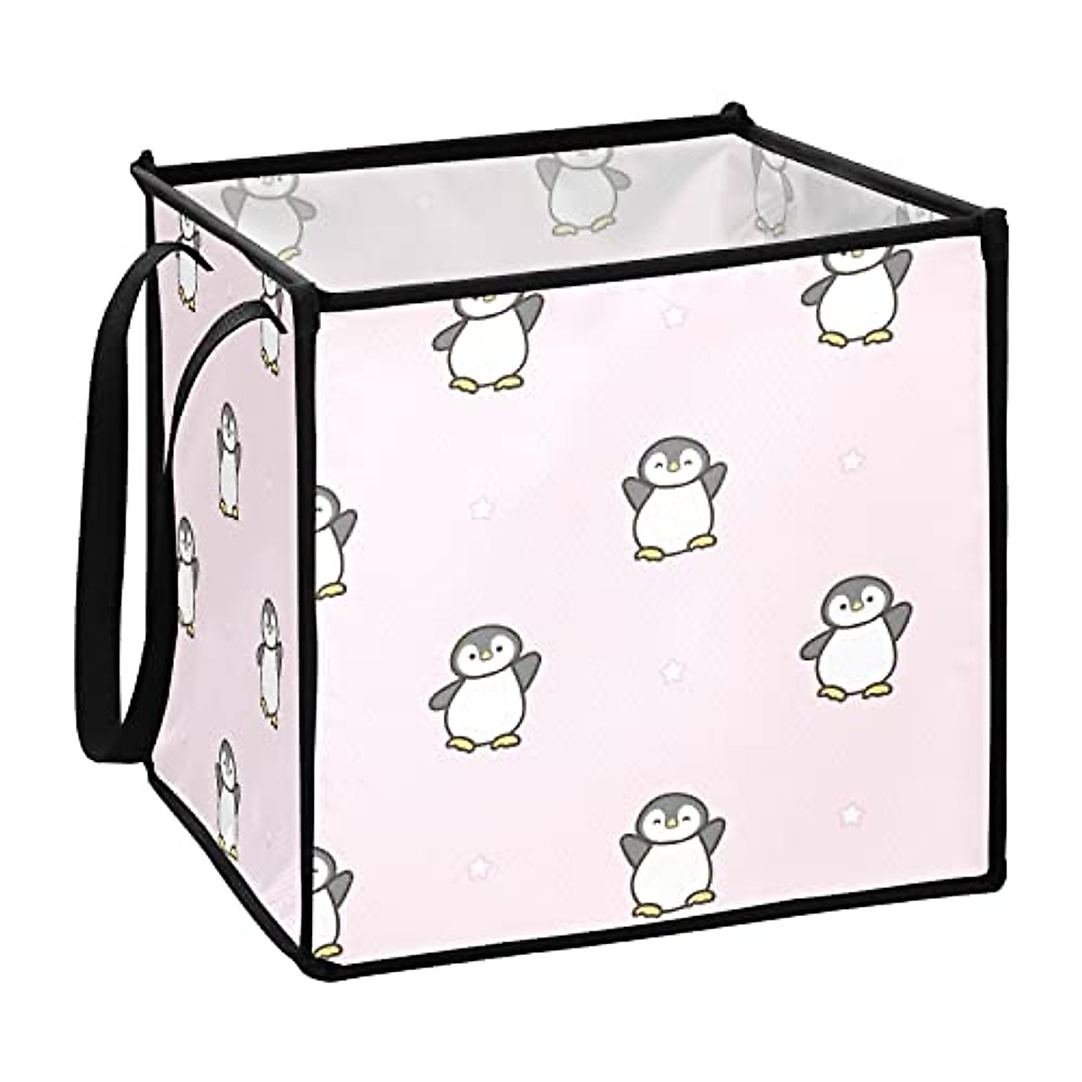 KEEPREAL Pink Background Penguin Cube Storage Bin with Handles, Large Collapsible Organizer Storage Basket for Home Decorative(1Pack,13 x 13 x 13 in)