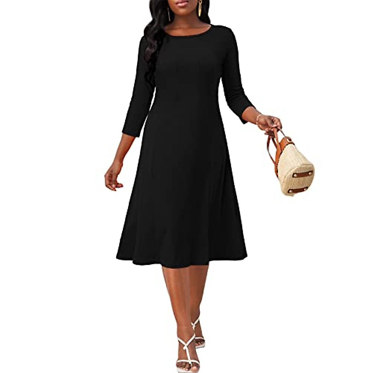 Women's Midi A Line Dress Vintage Casual Party 3/4 Sleeve Empire Waist Swing Fit and Flare Dresses Black XL