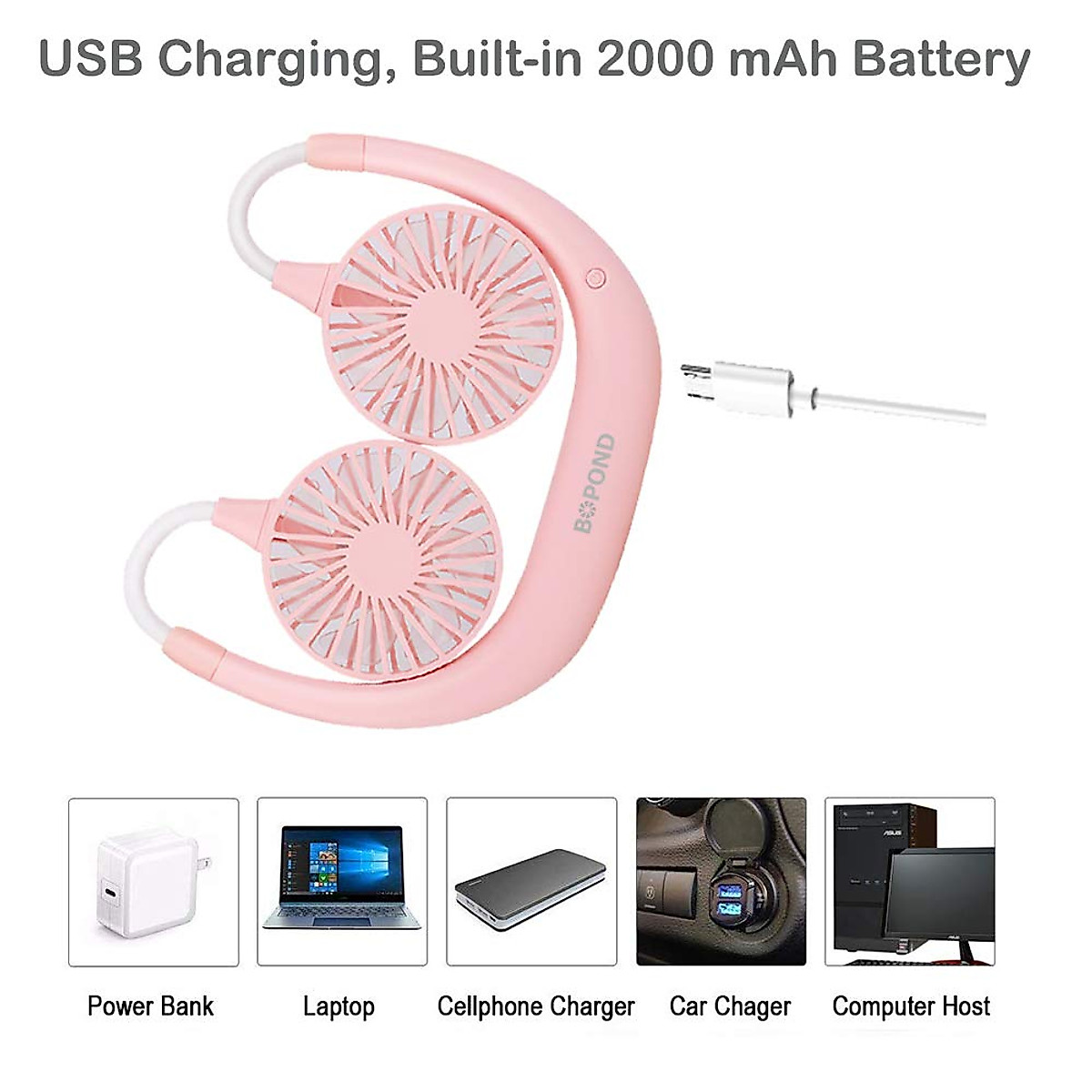 Neckband Fan Hands Free Neck Fan Portable Neck Fans Rechargeable Personal Hanging Neck Fan USB Fan 2000Mah 3 Speed Personal Sports Fan Around Neck for Women - Pink