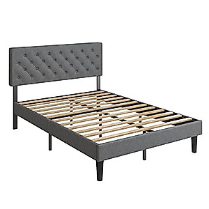 Queen Upholstered Platform Bed Frame, Queen Bed Frame with Headboard, Fabric Upholstered Platform with Button Tufted Headboard Sturdy Wood Slat Support, Mattress Foundation, No Box Spring Needed, Grey