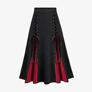 Women's Vintage Gothic Court Lace Up Patchwork Skirt Steampunk Medieval Renaissance Victorian A-Line Pirate Skirts Red