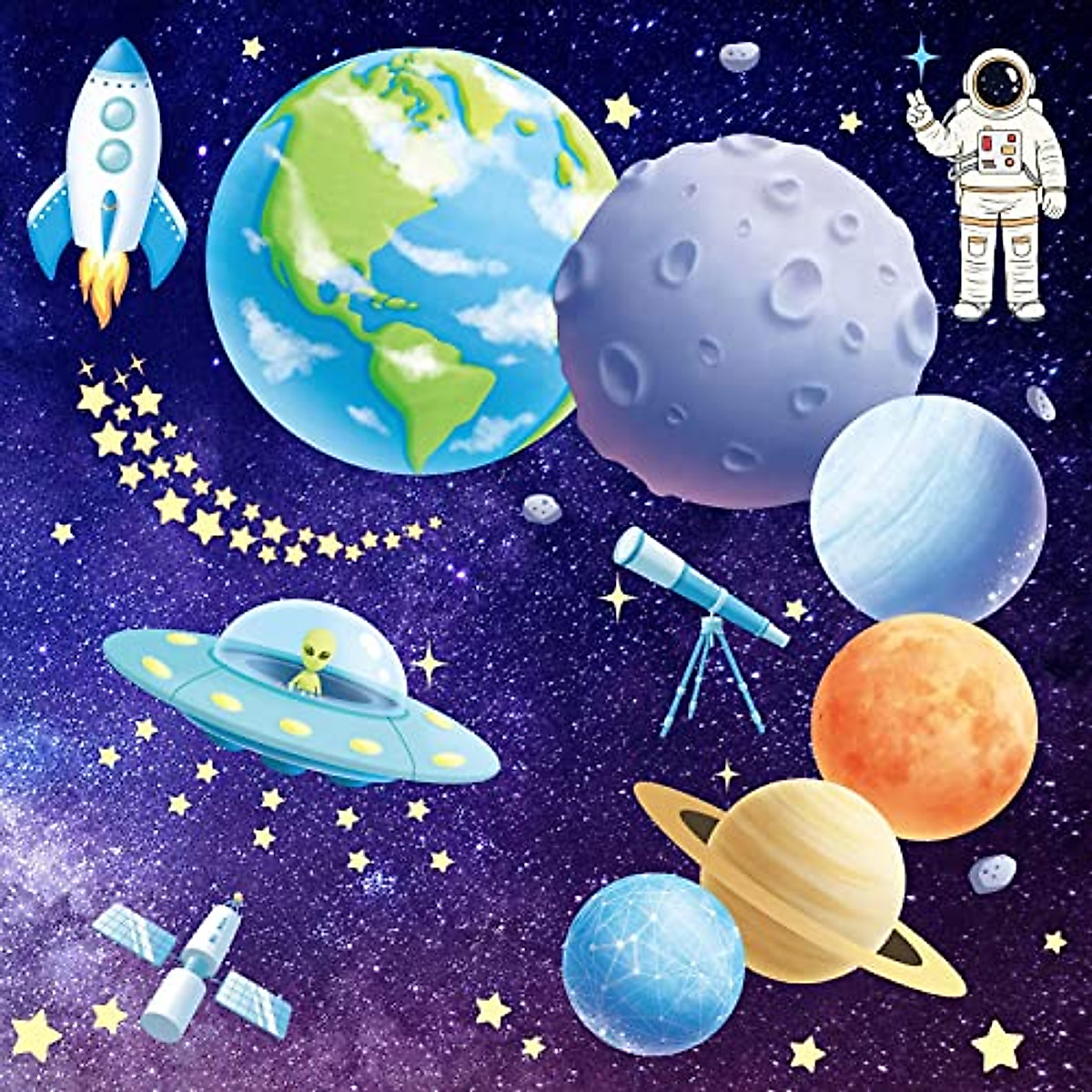 Glow in The Dark Stars for Ceiling, Solar System Wall Stickers for Kids, Planet Wall Decals, Glowing Stars, Space Decor for Boys Room, Galaxy Astronaut Rocket Spacecraft Alien Decoration