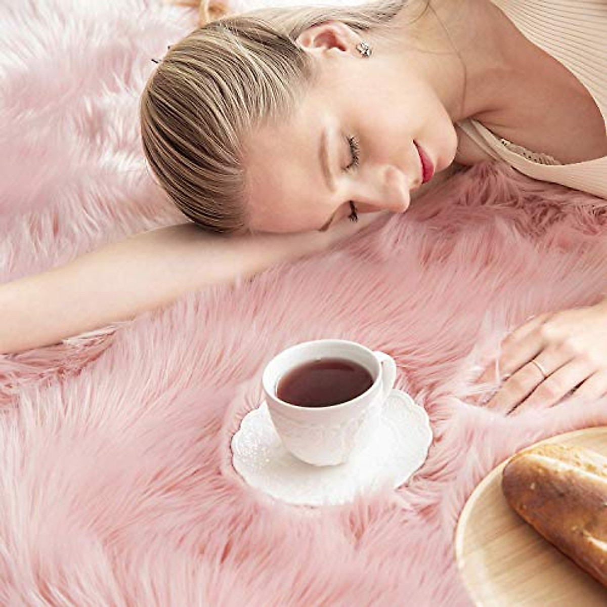 Ashler Home Deco Soft Faux Sheepskin Fur Rug Pink Fluffy Area Rug & Throw Pillow Covers with Pom