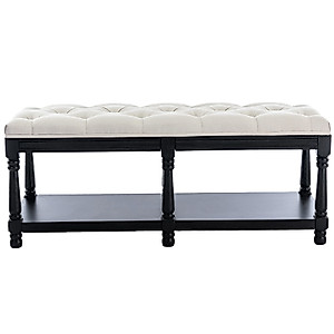 Kmax Storage Entryway Bench Tufted Shoe Rack Bench Black Wood Window Bench for Hallway Entrance Bedroom Corner, Beige
