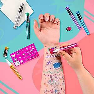 Fashion Angels Sparkle Tats Body Art Set - Temporary Tattoo Pens, Washable & Shimmery Tattoo Body Ink, 6 Tattoo Body Markers Set with Stencil Stickers for Kids 8+, Multi (12674)