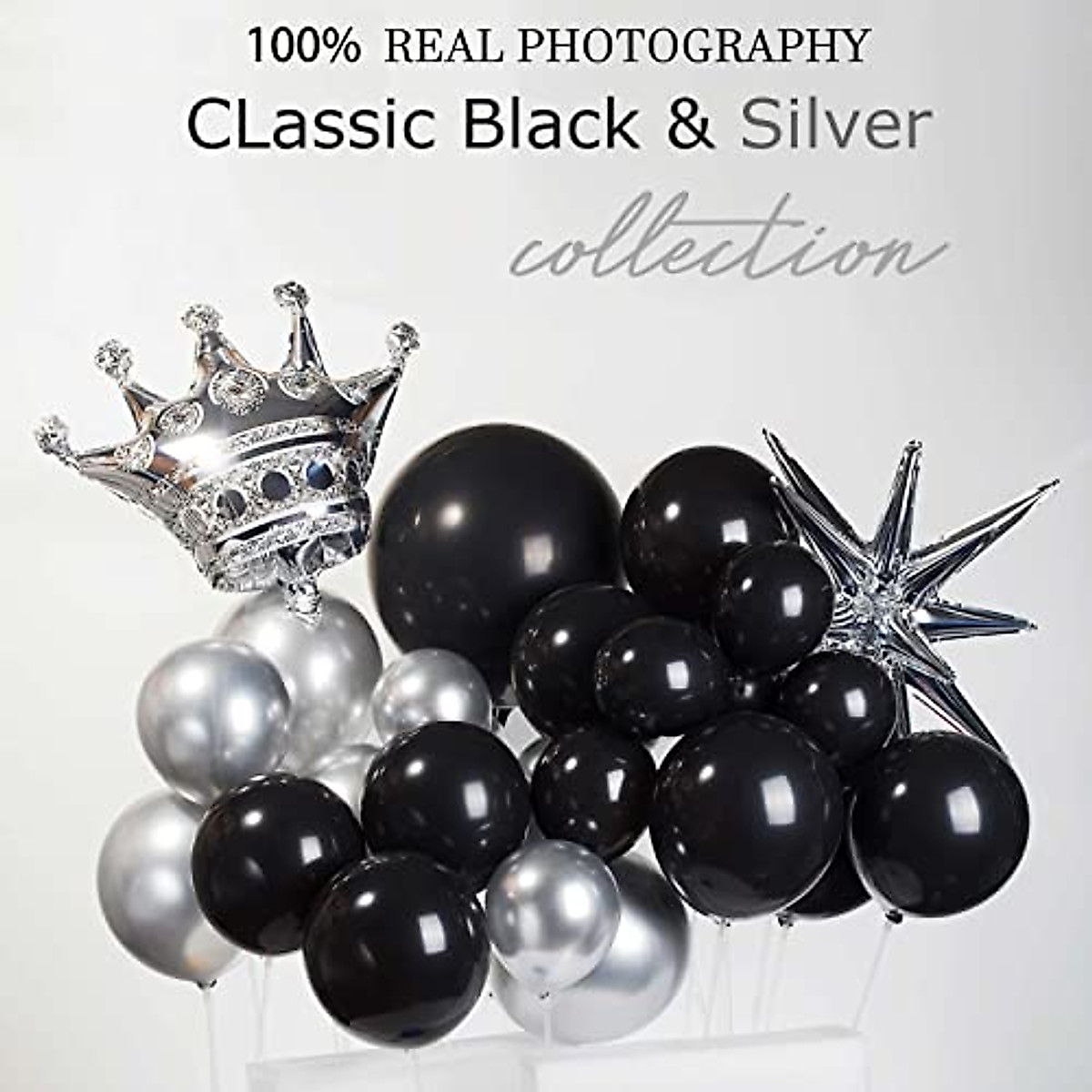 Black and silver balloon Garland Arch Kit with Large Starburst Crown foil balloons for 25th Birthday 50th Anniversary new year eve decorations Retirement Party Supplies