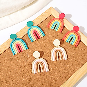 Bohemian Rainbow Earrings for Women Handmade Statement Earring Clay Dangle Earrings Colorful Ceramic Clay U Shape Earrings for Women Jewelry (3Pair Clay Earrings)