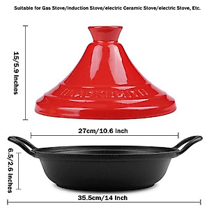 MYYINGBIN 27cm Red Tagine Enameled Cast Iron Pot High Gloss Enamel Inside and Outside Easy to Clean Slow Cooker Suitable for 2-4 People