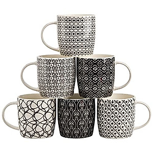 Okllen 6 Pack 11.5 Oz Coffee Mugs Geometric Textured, Ceramic Coffee Mugs Stylish Tea Cup Mugs Set Gift for Latte, Cappuccino, Milk, Water, Cocoa, Cereal, Black and White