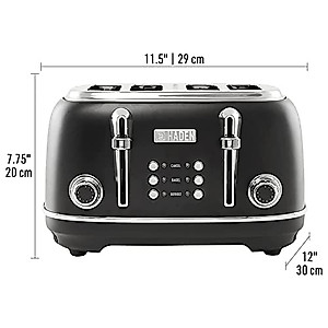 Haden Heritage 4-Slice Wide Slot Retro Toaster with Automatic Self-Center, Adjustable Settings, Reheat/Defrost, & Removable Crumb Tray, Black/Chrome