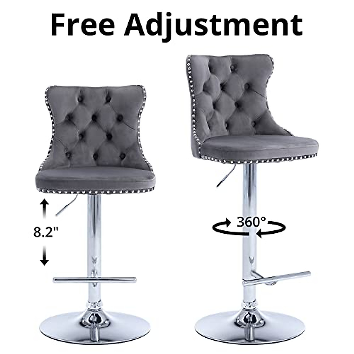 Swivel Bar Stools Set of 2, Adjustable Counter Height Barstools with Nailheads Trim, Button Tufted Back and Silver Footrest, Velvet Upholstered Bar Chairs for Dining Room Home Bar Kitchen Island, Gray